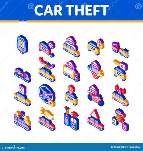 Car Theft Isometric Elements Icons Set Vector Stock Vector Illustration Of Color Padlock