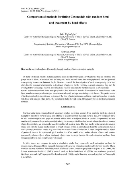 Pdf Comparison Of Methods For Fitting Cox Models With Random Herd And Treatment By Herd Effects