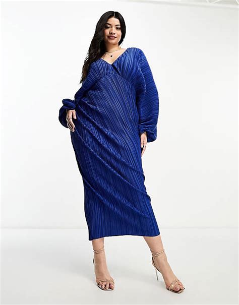 Asos Design Curve Plissiertes Midikleid In Blau Mit Tiefem Ausschnitt