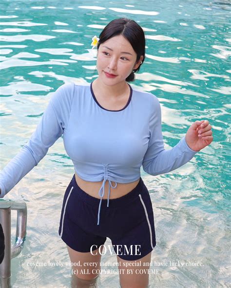 커브미 Xl 5xl빅사이즈 꾸안꾸 래쉬가드 체형커버 하이웨스트 비키니 긴팔 셔링 수영복 커버업 반바지 3피스 세트