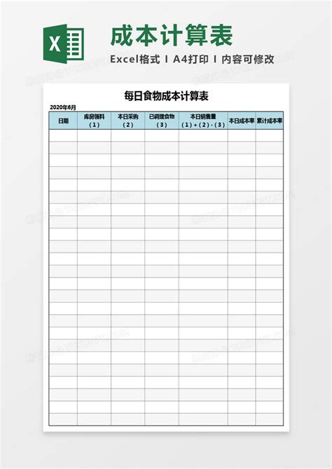 每日食物成本计算表excel模板下载熊猫办公