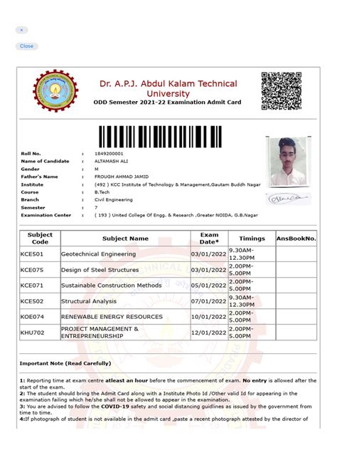 Admit Card Pdf