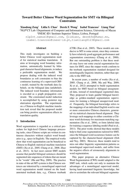 Pdf Toward Better Chinese Word Segmentation For Smt Via Bilingual Constraints