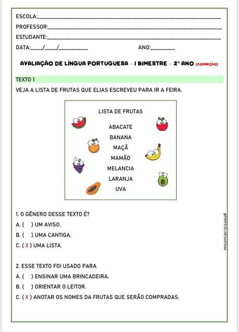 Avaliação de Língua Portuguesa 2 ano Educa Market