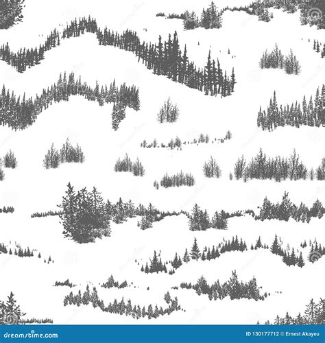 Monochrome Seamless Pattern With Hand Drawn Silhouettes Of Forest