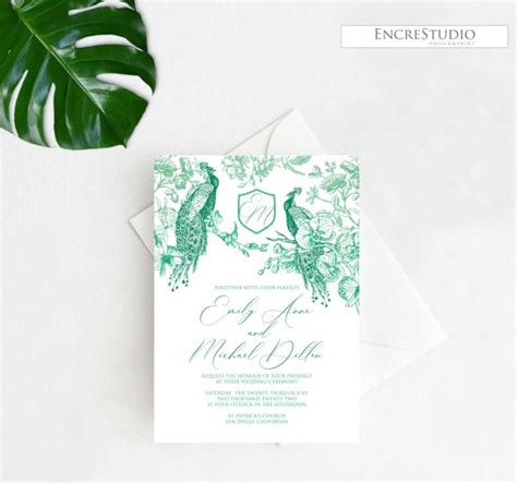 Emerald Peacock Wedding Invitation Template Encre Studio