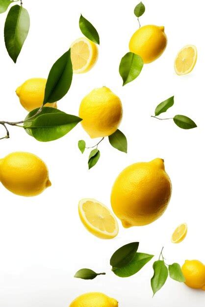 Premium Ai Image Falling Whole Lemons Halves And Green Leaves On White Background