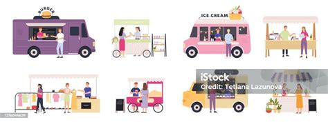 키오스크 벤더 길거리 텐트 카트 및 트럭은 패스트 푸드 서적 옷 및 꽃을 판매합니다 상인및 고객 벡터 세트와 야외 시장 전시회에 대한 스톡 벡터 아트 및 기타 이미지