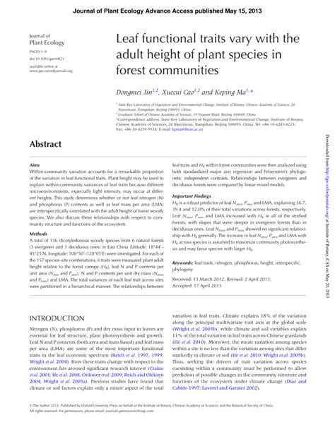 Pdf Leaf Functional Traits Vary With The Adult Height Of Plant
