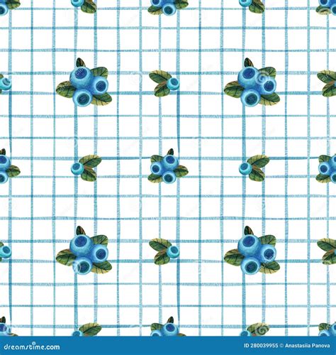 Seamless Watercolor Pattern With Blueberry And Leaves On White Chekered
