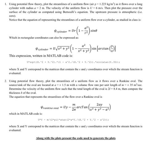 Solved I Using Potential Flow Theory Plot The Streamlines Chegg