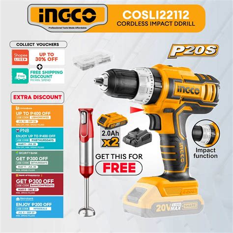 Ingco Combo Kit Set 20v Cordless Impact Drill With Free Hand Mixer Cosli22112 Ipx Icpt Shopee