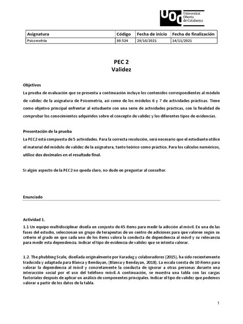 Pec 2 Enunciado Pdf Validez Estadísticas Alfa De Cronbach