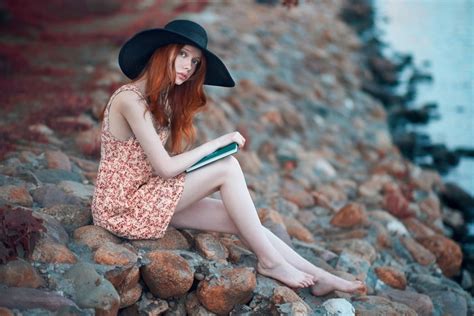 Women Outdoors Women Redhead Model Portrait Rock Looking At