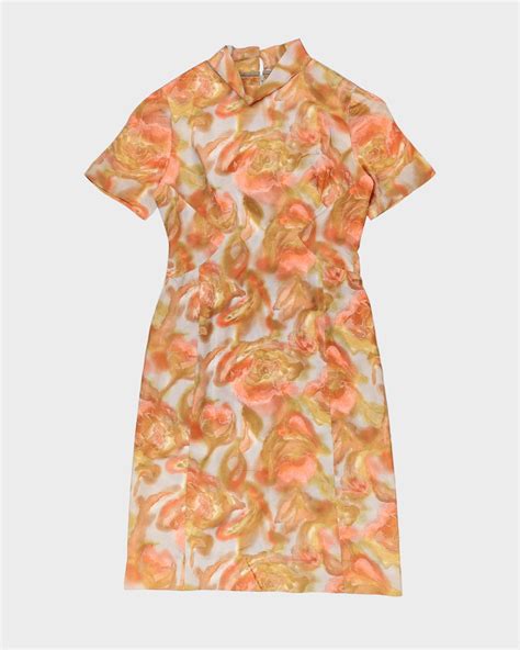 Vintage 1960s Orange Patterned Cocktail Dress S Rokit