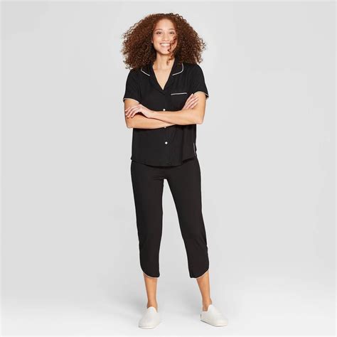 Stars Above Beautifully Soft Crop Notch Collar Pajama Set In Black