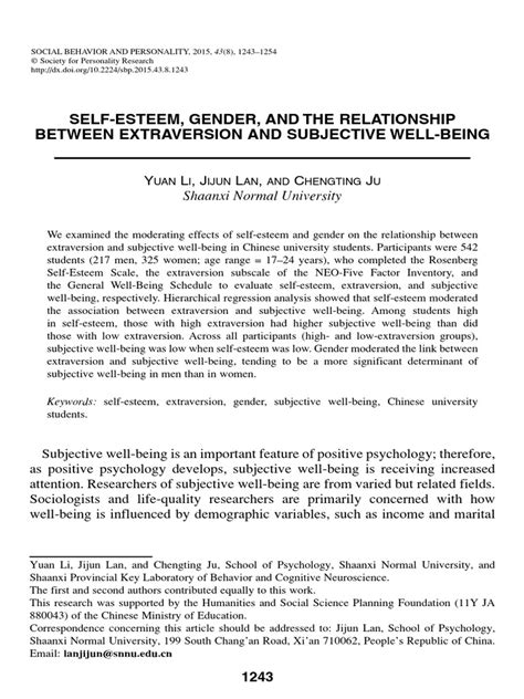 self esteem gender and the relationship between extraversion pdf