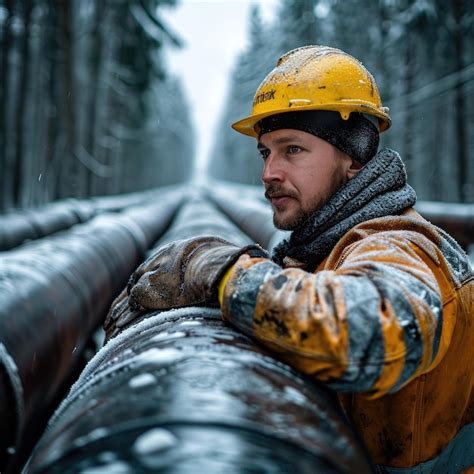 A Mining Specialist In Helmet Looking On A Pipeline With Confidence