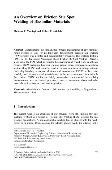 Pdf An Overview On Friction Stir Spot Welding Of Dissimilar Materials