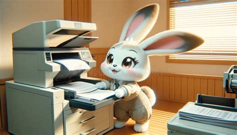 Animated Rabbit Character Using Office Printer Stock Illustration