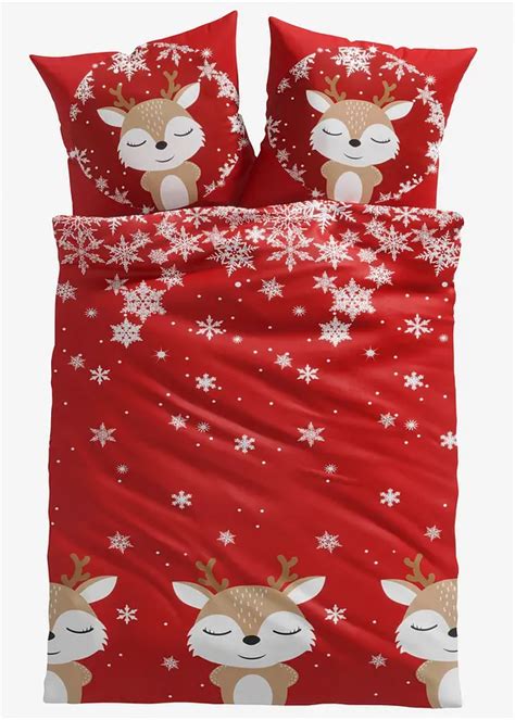 Povlečení Se Soby A Vločkami červená Biber Bavlněná Směs