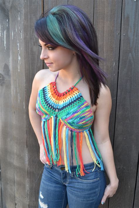 Reversible Rainbow Crochet Halter Top With Fringes Festival Etsy