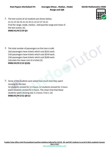 Igcse Math 0580 Averages Mean Median Mode And Ranges Past Paper