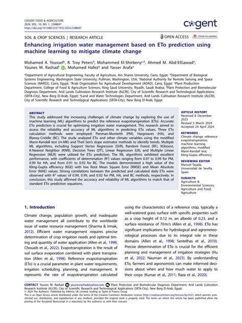 Pdf Enhancing Irrigation Water Management Based On Eto Prediction Using Machine Learning To