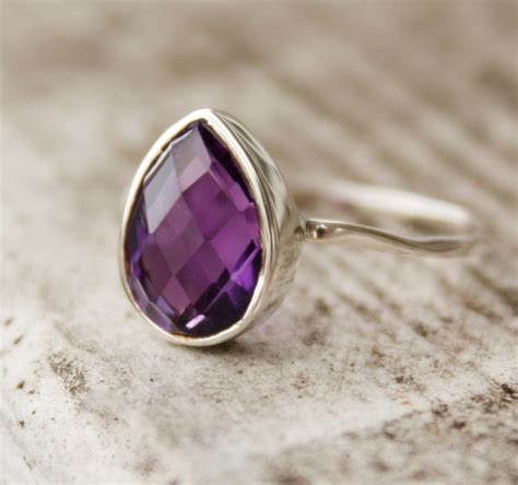 Silver Purple Amethyst Teardrop Ring Hammered Ring