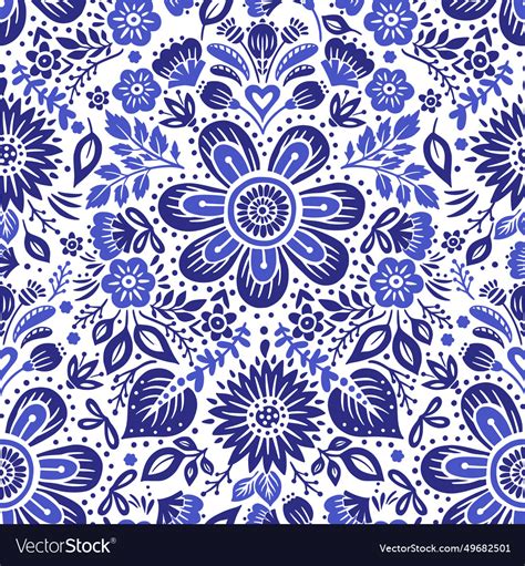Rustic Folk Art Blue Background Seamless Vector Image