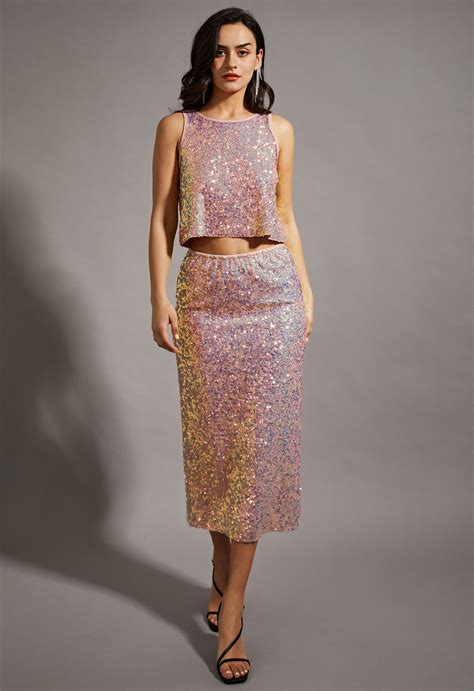 Iridescent Sequin Embellished Pencil Skirt In Pink Retro Indie And