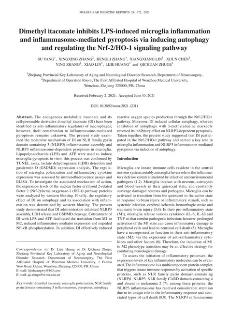 Pdf Dimethyl Itaconate Inhibits Lps‑induced Microglia Inflammation