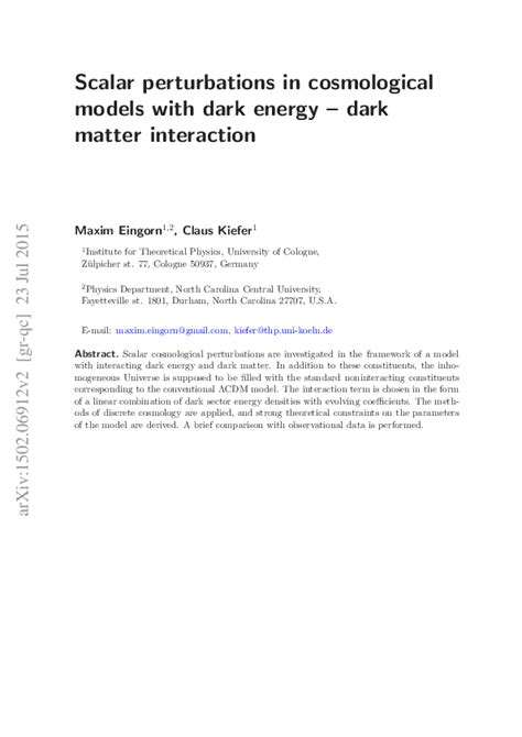 Pdf Scalar Perturbations In Cosmological Models With Dark Energy Dark Matter Interaction