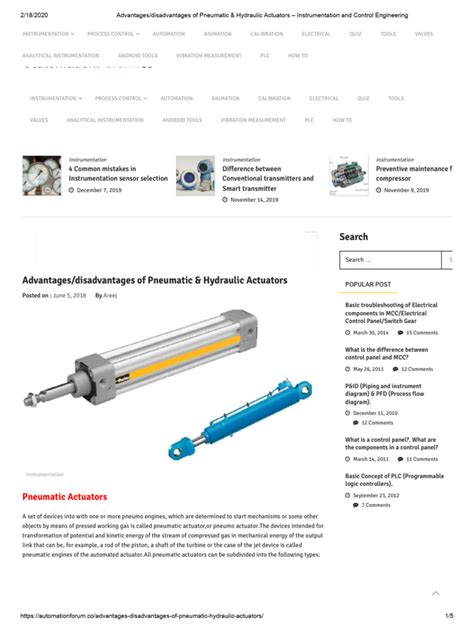 Advantages Disadvantages Of Pneumatic And Hydraulic Actuators Instrumentation And Control