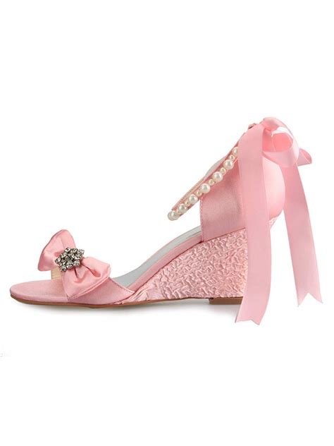 Womens Satin Wedge Heel Peep Toe With Rhinestone Pearl Bowknot Pink