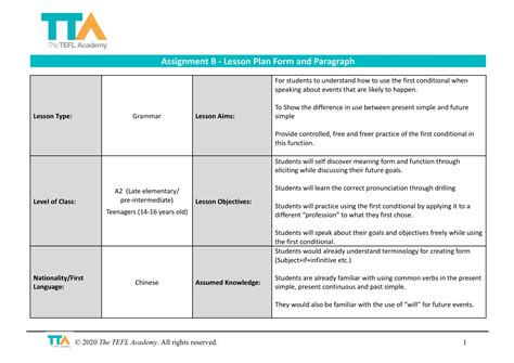Tefl Academy Assignment B Lesson Plan Form Paragraph TEFL
