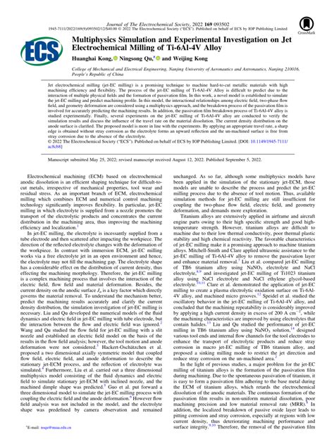 Multiphysics Simulation And Experimental Investigation On Jet Electrochemical Milling Of Ti 6al