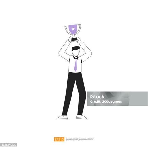 사업가 또는 젊은 남자 노동자 캐릭터는 플랫 스타일 고립 된 벡터 일러스트레이션에서 손 제스처에 컵 트로피와 함께 성공 포즈를