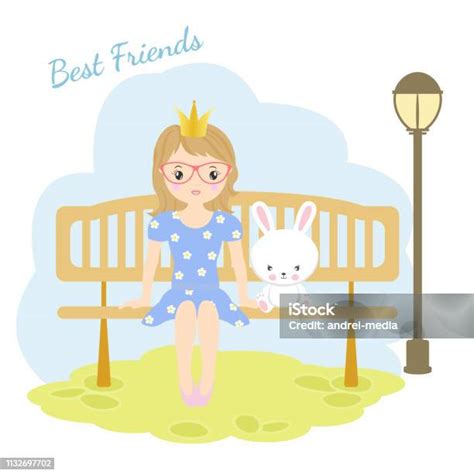 사랑 스러운 작은 소녀 공주와 벤치에 공원에 앉아 귀여운 토끼 공부에 대한 스톡 벡터 아트 및 기타 이미지 공부 공원 공원 벤치 Istock