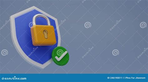 D Render Modern Shield With Padlock And Check Mark Icon On Blue Background Copy Space