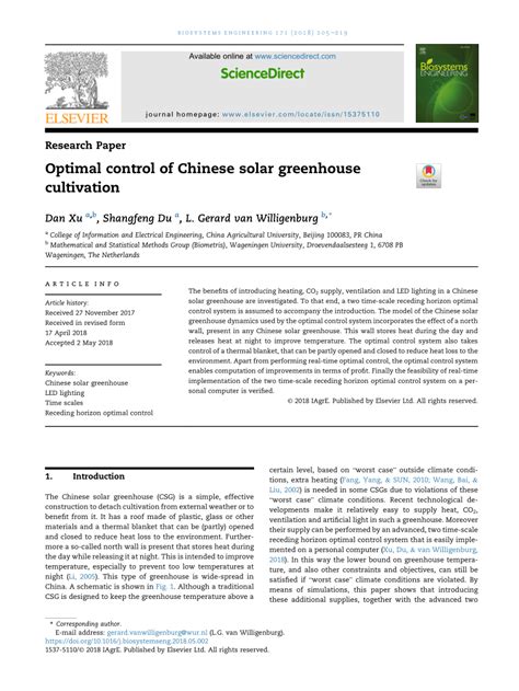 Pdf Optimal Control Of Chinese Solar Greenhouse Cultivation