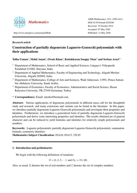 Pdf Construction Of Partially Degenerate Laguerre Genocchi Polynomials With Their Applications