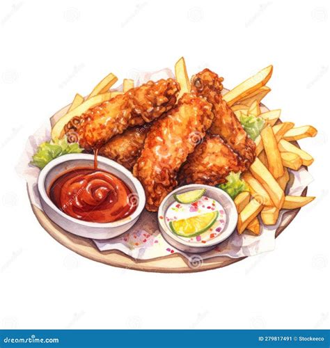 Cliparte Acuarela De Las Alas Y Patatas Fritas De Pollo Crujiente Stock