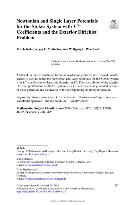 Pdf Newtonian And Single Layer Potentials For The Stokes System With L ∞ Coefficients And The