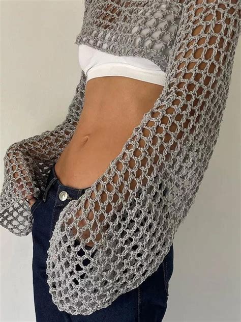 Y2k Crochet Knitted Crop Top Bolero Shrug Arm Sleeve Hollow Out Fishnet