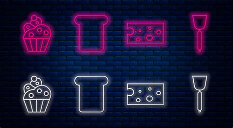 세트 라인 빵 토스트 치즈 컵 케이크와 주걱 벽돌 벽에 빛나는 네온 아이콘입니다 벡터 0명에 대한 스톡 벡터 아트 및 기타