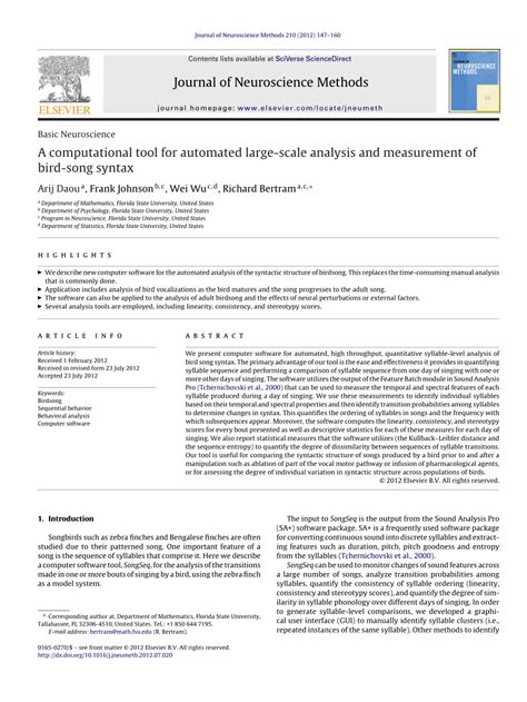 pdf a computational tool for automated large scale analysis and measurement of bird song syntax