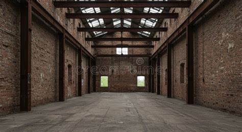 Empty Industrial Warehouse Interior Brick Walls Overhead Beams Sunlight
