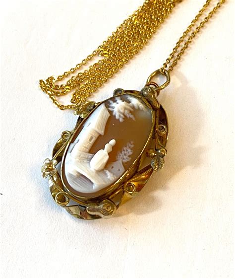 Vintage Carved Shell Cameo Necklace Gold Filled Woman At The Well