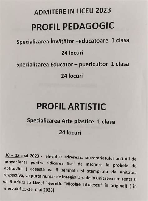 Admitere 2023 2024 Liceul Nicolae Titulescu Slatina